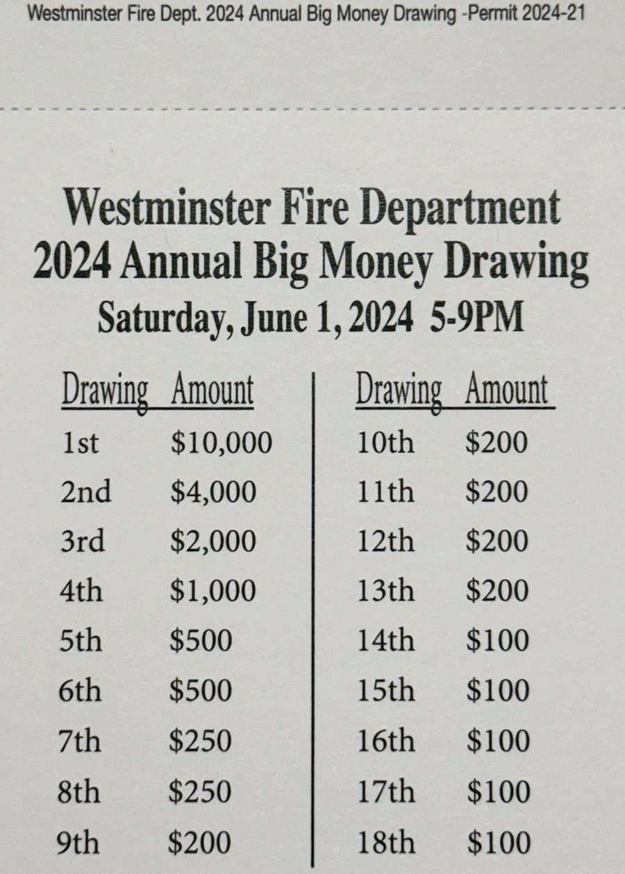 2024 Big Money Raffle | Westminster Volunteer Fire Department